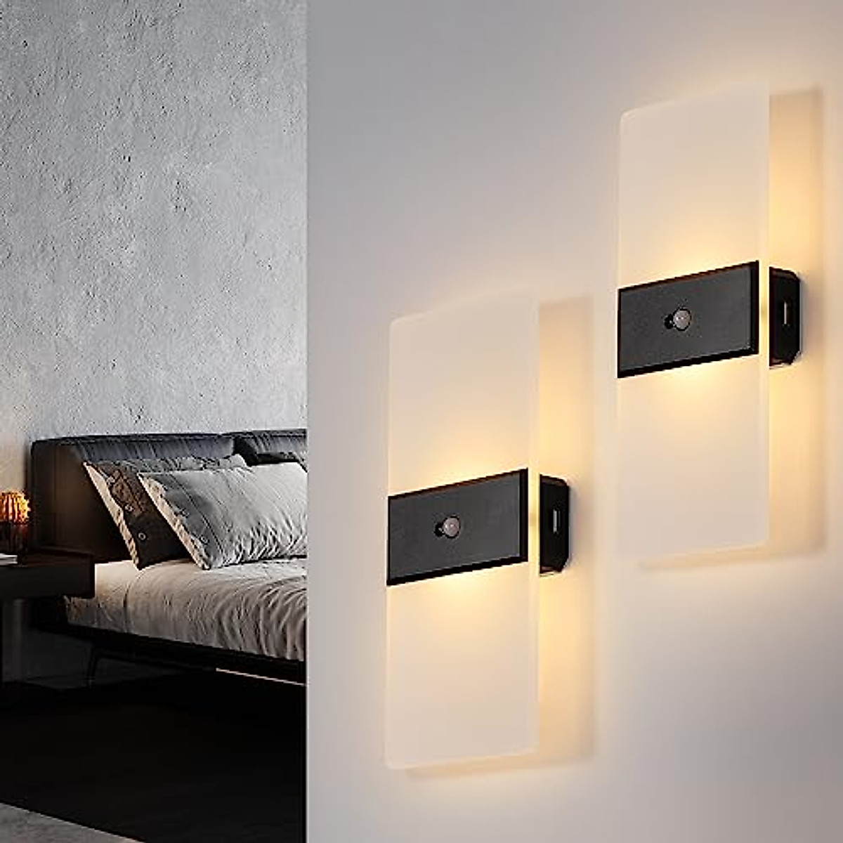 pasentel Motion Sensor LED Wall Sconces, 2-Pack Acrylic USB Rechargeable Wall Light Battery Operated Night Light Indoor Led Wireless Wall Lamp for Stairs, Hallway, Bathroom, Bedroom, BD025-LEB-BK2