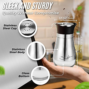 Flexzion Modern Salt and Pepper Shakers Set, Glass Canister Dispenser with Stainless Steel Sleeve and Black Lid for Spices, Sea/Kosher/Himalayan Salts and Pepper - Silver (Set of 2)