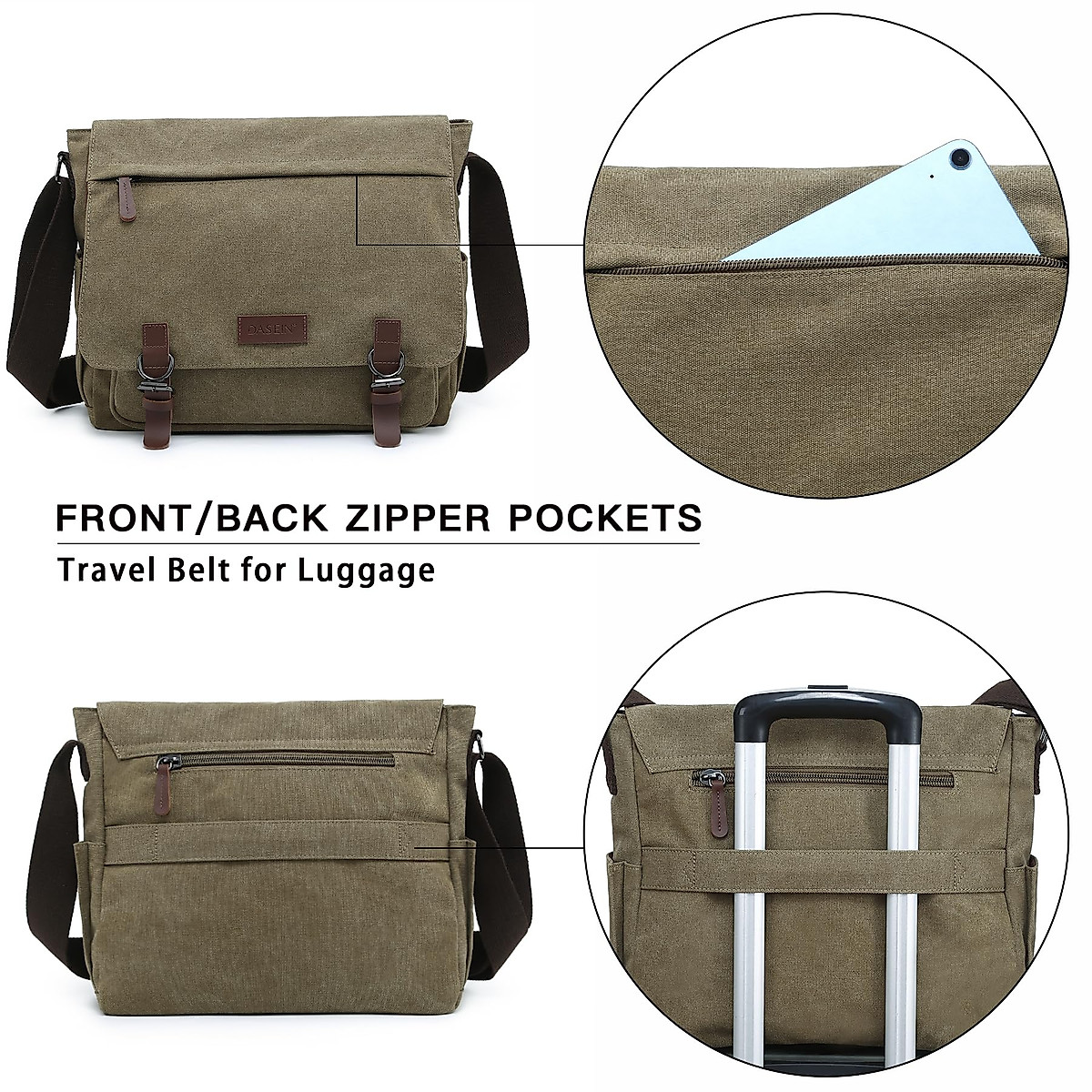 Dasein Large Vintage Canvas Messenger Shoulder Bag, Army Green, 15in Laptop Capacity