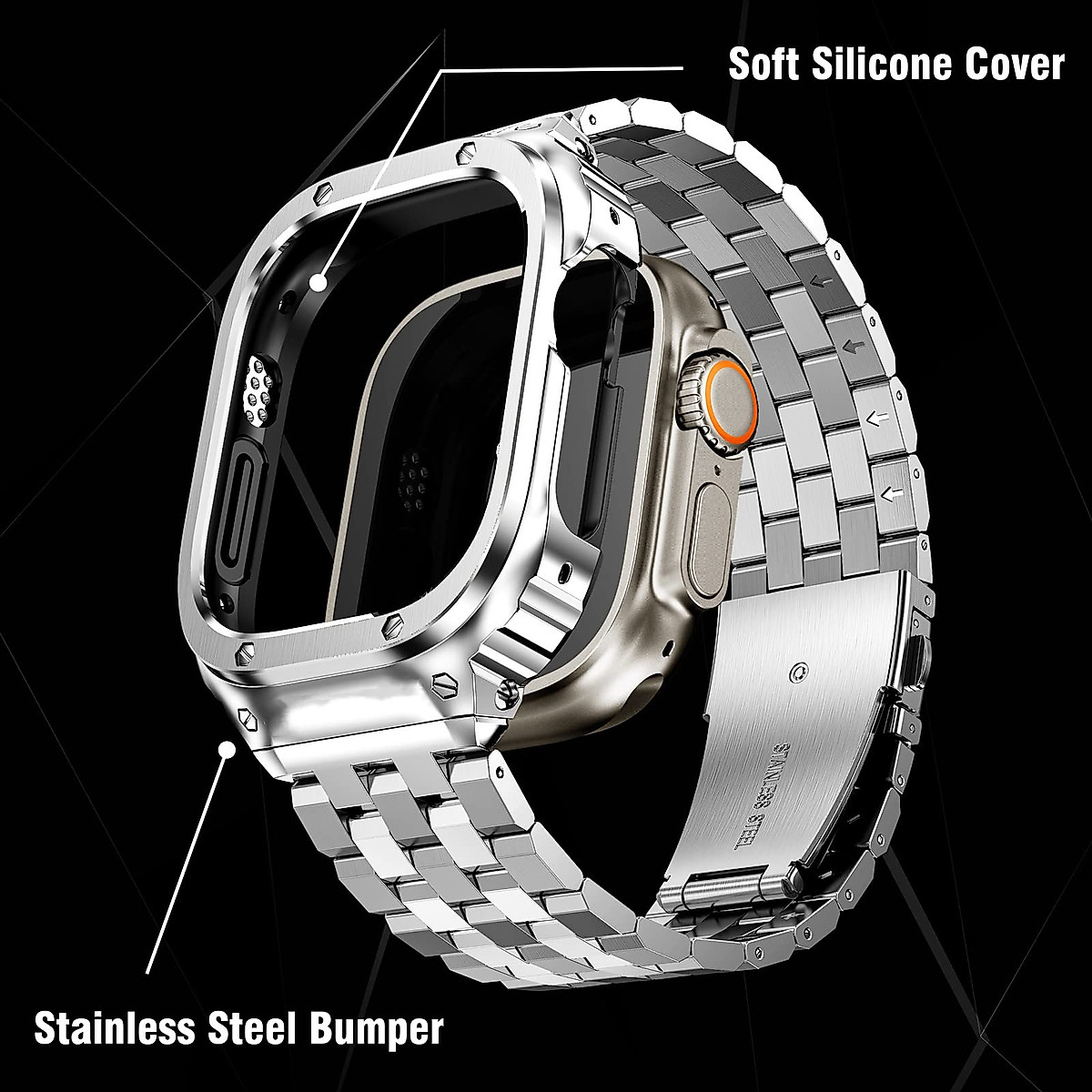 SUPLINK Stainless Steel Case with Band Compatible with Apple Watch Ultra 2/1 49mm Metal Rugged Protector Cover for iWatch Men (Silver)