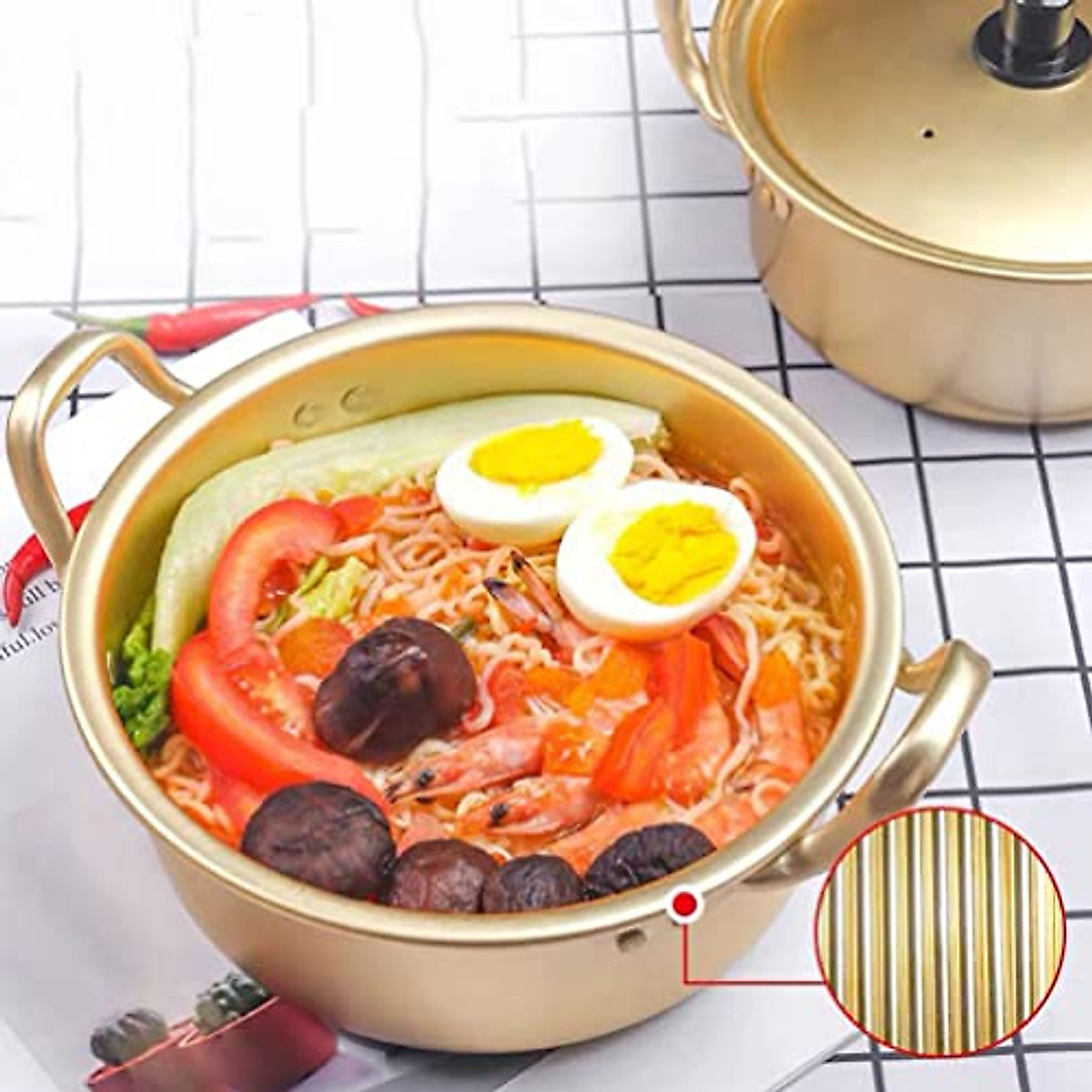 Hemoton 2 Sets Ramen Pot, Korean Ramen Cooking Pot with Lid Spoon and Chopsticks (1pair), Korean Ramen Noodle Pot Korean Stockpots with Double Handle (6.3inch/ 16cm)