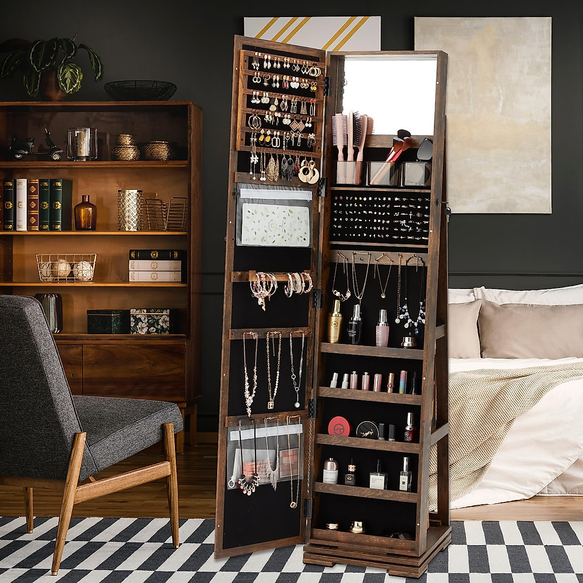 Buymoth 3-in-1 Rotating Jewelry Armoire Cabinet, Freestanding Lockable Jewelry Cabinet Organizer w/Full Length Mirror, Large Storage Capacity, Built-in Makeup Mirror & 3-Tier Rear Shelves,Rustic Brown