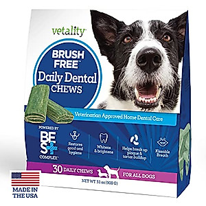 Vetality Brush Free Daily Dental Care Chews for Dogs | Cleans Teeth and Freshens Breath | 30 Count | B.E.S.T. Complex Provides Complete Oral Cleaning and Tartar Control