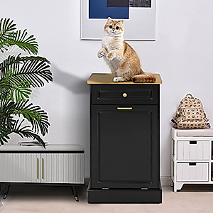 Anbuy Tilt Out Trash Cabinet Can Bin Kitchen Wooden Trash Can Free Standing Holder Recycling Cabinet with Hideaway Drawer Wooden Trash Holder (Black)