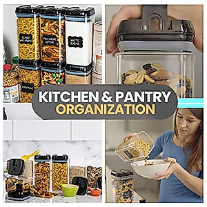 Shazo Airtight Food Storage Container (Set of 6) - BONUS Measuring Cup - Labels & Marker - Durable Plastic - BPA Free - Clear with Improved Lids (Black) - Air Tight Snacks Pantry & Kitchen Canisters