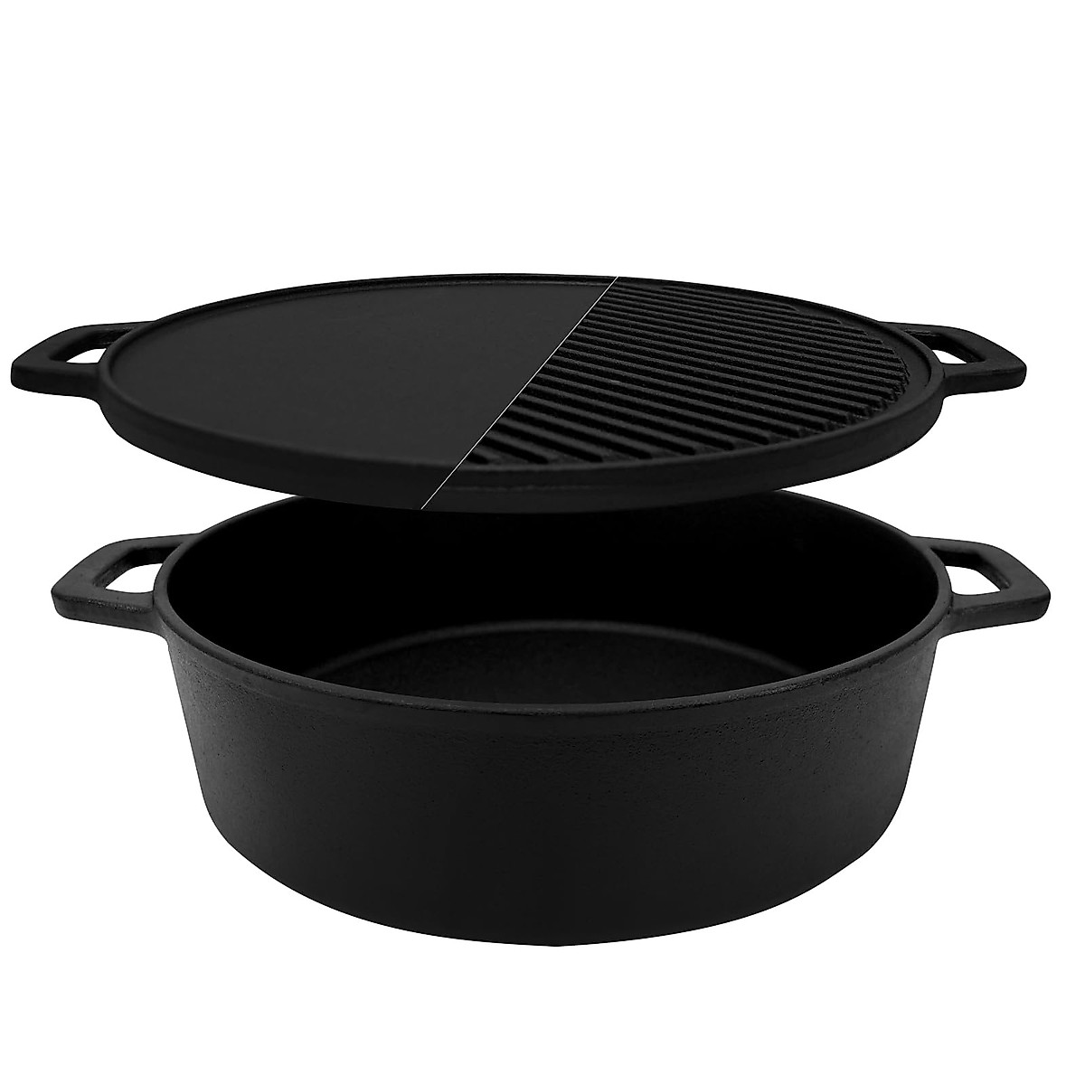 GEDIAO 3IN1 Pre-Seasoned Cast Iron Pan With Reversible Grill Griddle Lid, Multi Cooker Deep Roasting Grill Pan, Dutch Oven with Lid, Non-Stick Open Fire Camping, 5.2QT