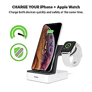 Belkin 2-In-1 Iphone & Apple Watch Charging Dock - Powerhouse Charging Station + Apple Watch Charging Stand - Designed For Iphone 6/7/8/X/Xs/Xr/Xs Max, Apple Watch Series 4, 3, 2, & 1