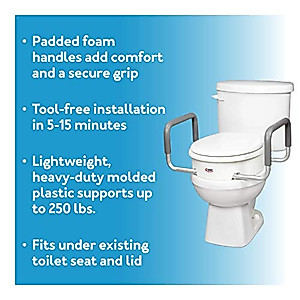 Carex 3.5 Inch Raised Toilet Seat with Arms - For Elongated Toilets, Elevated Toilet Riser with Removable Padded Handles, Easy On and Off, Support 250 lbs, White