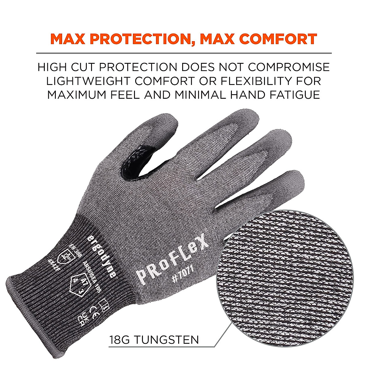 Ergodyne ProFlex 7071 Cut Resistant Work Gloves, ANSI A7, PU Coated Palms for Flexible No Slip Grip, Reinforced Thumb Saddle, 18g HPPE and Tungsten, Gray, Large