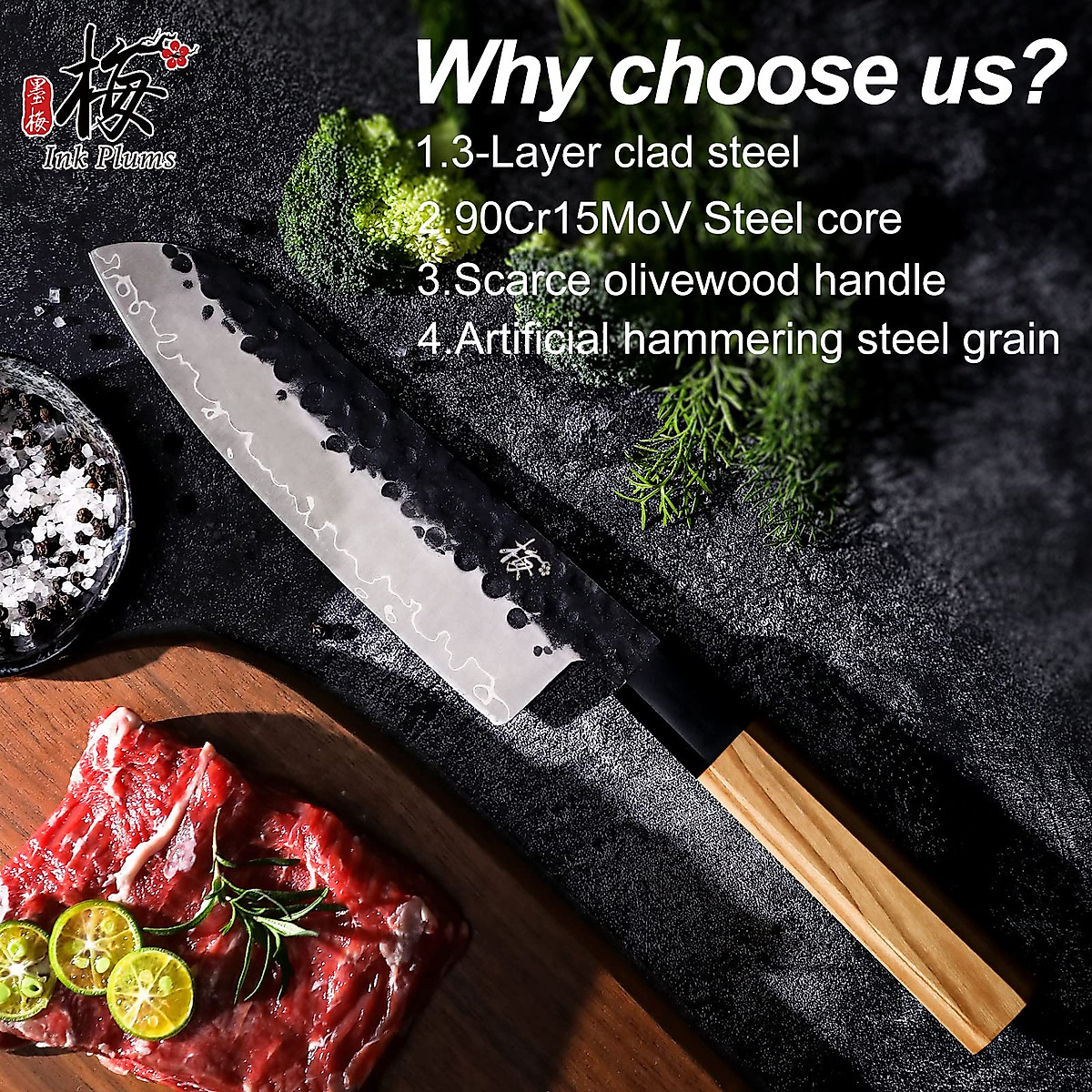 Ink Plums Santoku Chef’s Knife 7 Inch,Japanese Sharp Blade Kitchen Knife with Olivewood Handle And Beautiful Gift Box