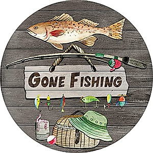 Xiddxu Round Metal Tin Sign Rustic Wall Decor Fishing Wreath Sign,Gone Fishing Sign Metal Round Tin Signs Decor Wall Art Posters Gifts for Door Plaque Home Bars Clubs Cafes, 12x12 Inch