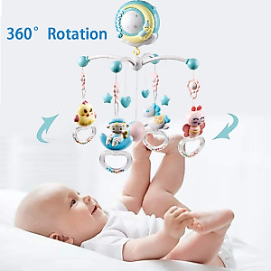 Mini Tudou Baby Musical Mobile Crib with Music and Lights, Timing Function, Projection, Take-Along Rattle and Music Box for Babies Boy Girl Toddler Sleep