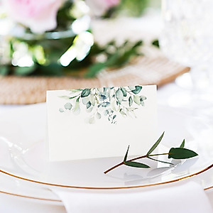 Whaline 100Pcs Greenery Place Cards 2 x 3.5 Inch Watercolor Green Leaves Tented Cards Blank Table Name Sign for Wedding Banquet Bridal Baby Shower Birthday Party Table Setting Supplies