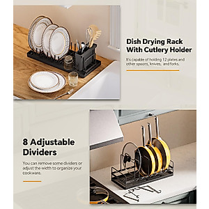 TEEVOGO 5-in-1 Set, Dish Drying Rack for Kitchen Counter, Pots and Pans Organizer, Pot lid Organizer, Dish Drying Mat with 8 Adjustable Dividers, a Cutlery Holder, for Dishes, Pans, Pot Lids, Cups