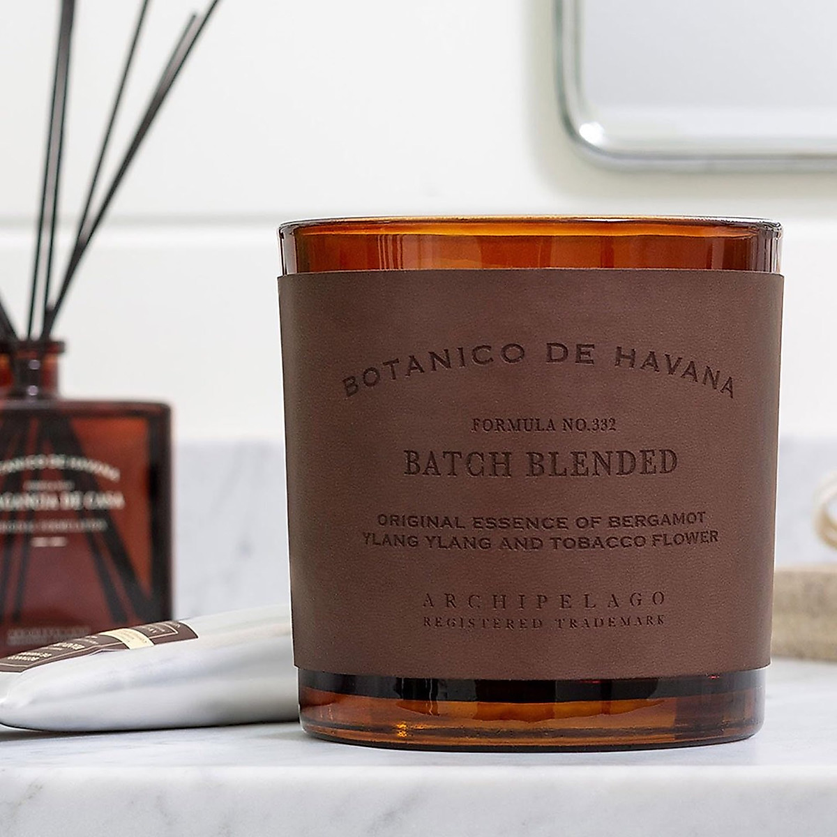 Archipelago Botanicals Botanico de Havana Letter Press Candle, Bergmaot, Tobacco Flower and Ylang Ylang Scent, Hand-Tooled Leather Wrap, Burns Approx. 100 Hours (13 oz)