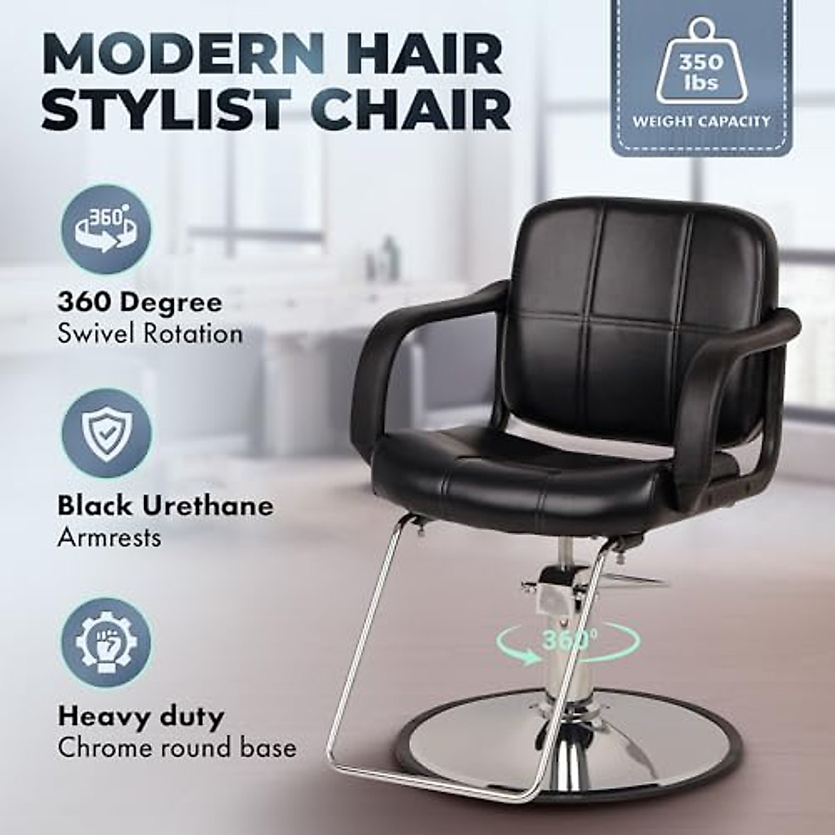 Buy-Rite Chris Styling Chair for Professional Salons and Spas, Modern Hair Stylist Chair, Extra-Wide Seat, 360-Degree Rotation, Fully Adjustable Height, SY-1801