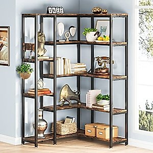 TIYASE 5-Shelf Corner Bookshelf, Modern Large Corner Etagere Bookcase, 5-Tier Tall Corner Shelf Display Storage Rack with Metal Frame for Living Room Home Office, Rustic Brown