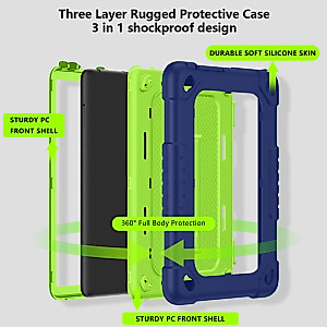Cherrry Case for Kindle Fire HD 8&HD 8 Plus(12th Gen,2022 Released),3-Layers Combo Heavy Duty Rugged Shockproof Tablet Cover with Kickstand for Amazon Fire HD 8 2022/Fire HD 8 Plus (Navy/Green)