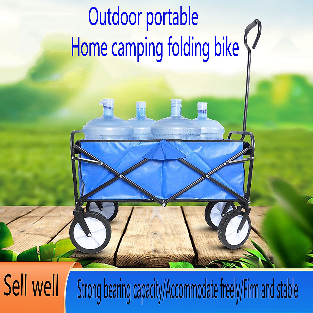 Versatile Folding Beach Wagon Cart with Wheels, Cargo Net, and Straps - Heavy Duty, Collapsible, Portable Utility Cart for Shopping, Camping, Gardening, and More (1, Blue + Steel)
