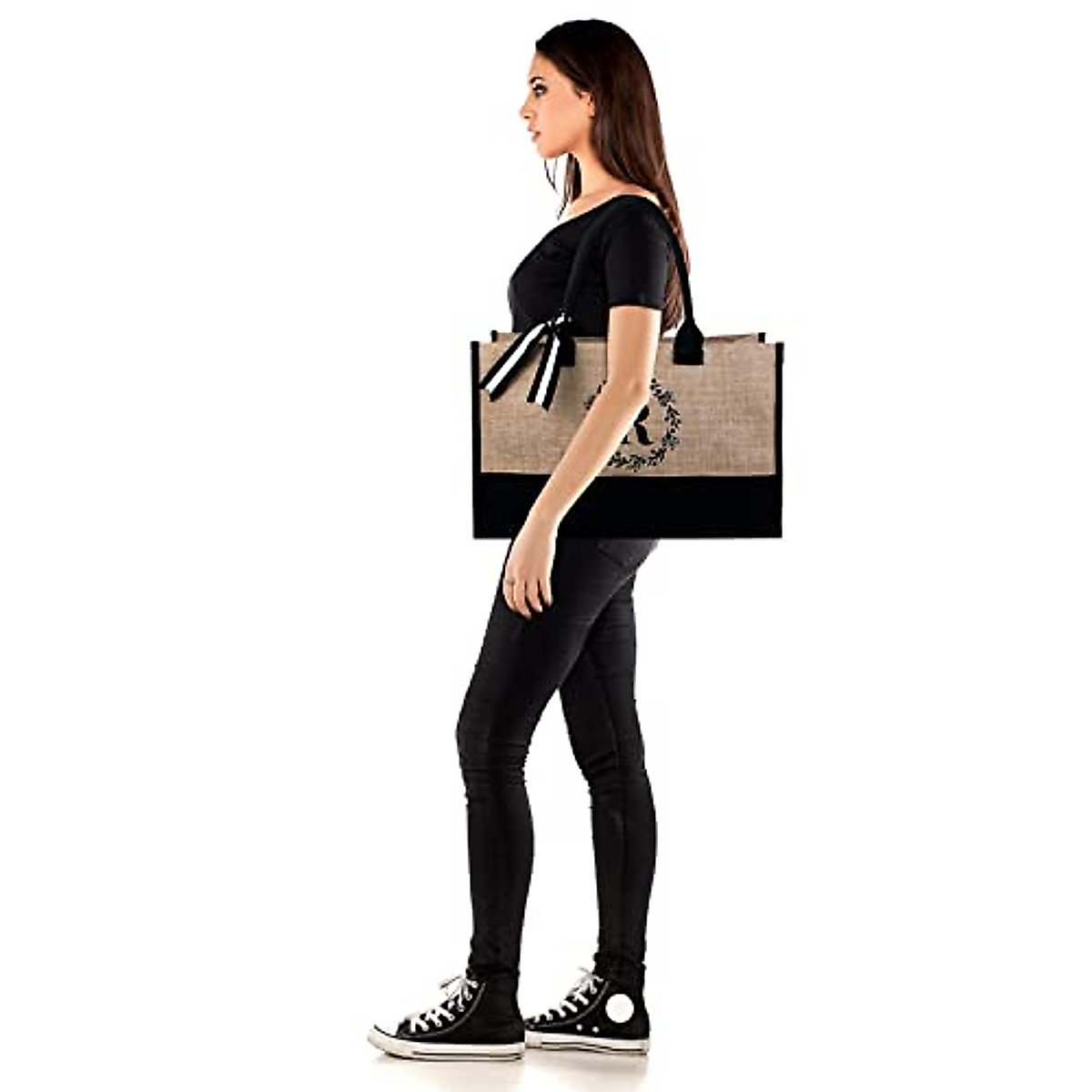 GIFTOXO Jute/Canvas Tote Bag For Women, Personalized Initial Tote Bag for Wedding Beach Birthday, Monogrammed Gift for Her (B)