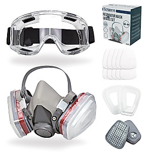 Tesoro Moda Respirator Mask for Spray Painting, Woodworking, Welding, Dust, and General Safety with Clear Eye Goggles, 10 Replacement Filters, Half Face Cover with Safety Glasses