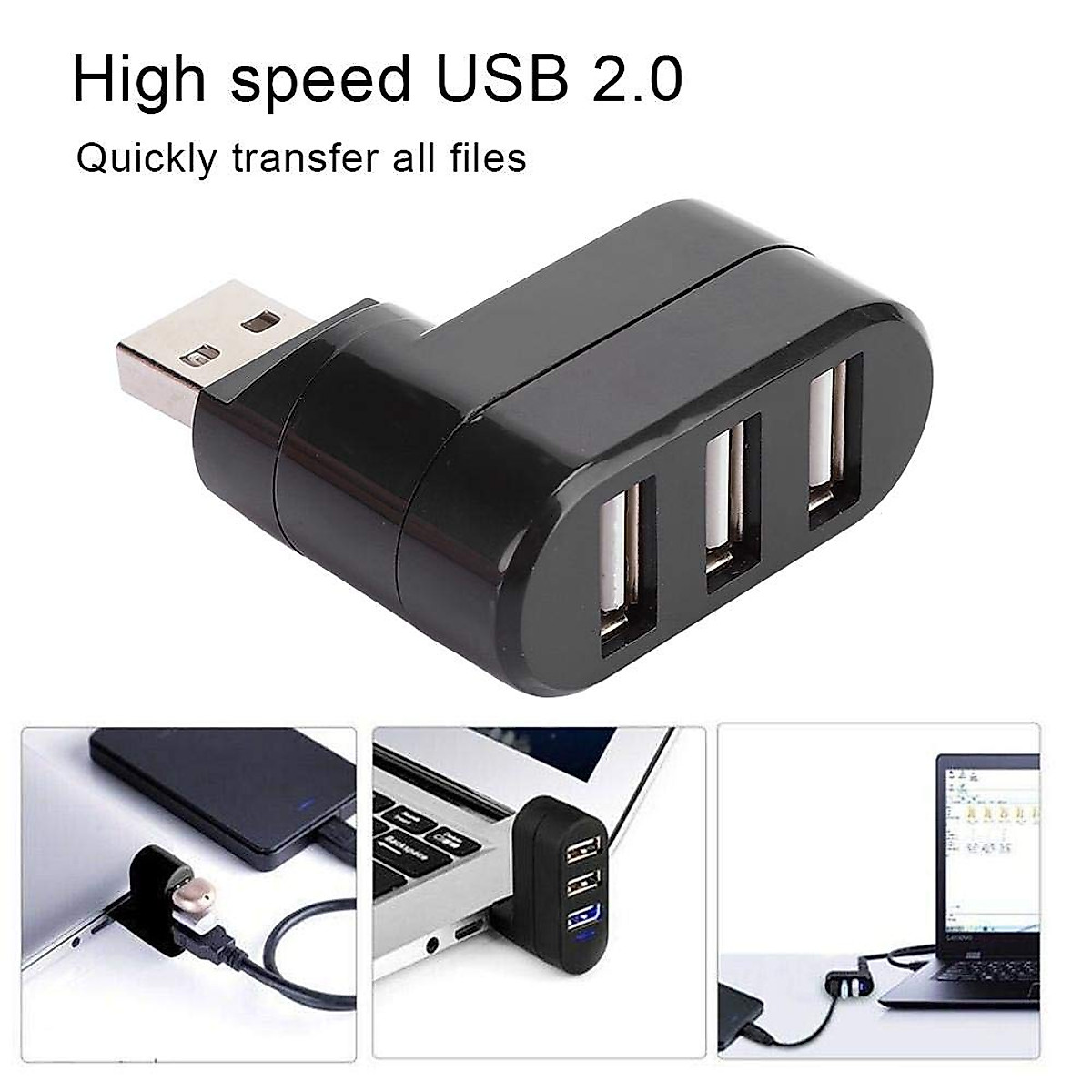 3-port USB HUB2.0 1-to-3 Computer USB Splitter 3-Port Travel USB Wall Charger USB Adapter Charging Station Box Rotatable for Printers, Card Readers, Thumb Drives(Black)