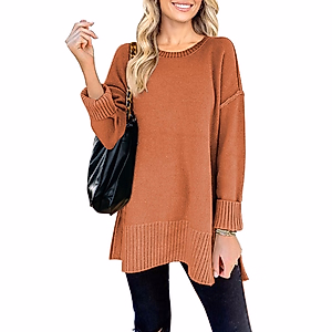 MEROKEETY Women's 2025 Fall Winter Casual Oversized Pullover Sweater Loose Crew Neck Long Sleeve Side Split Jumper Top, Orange, L