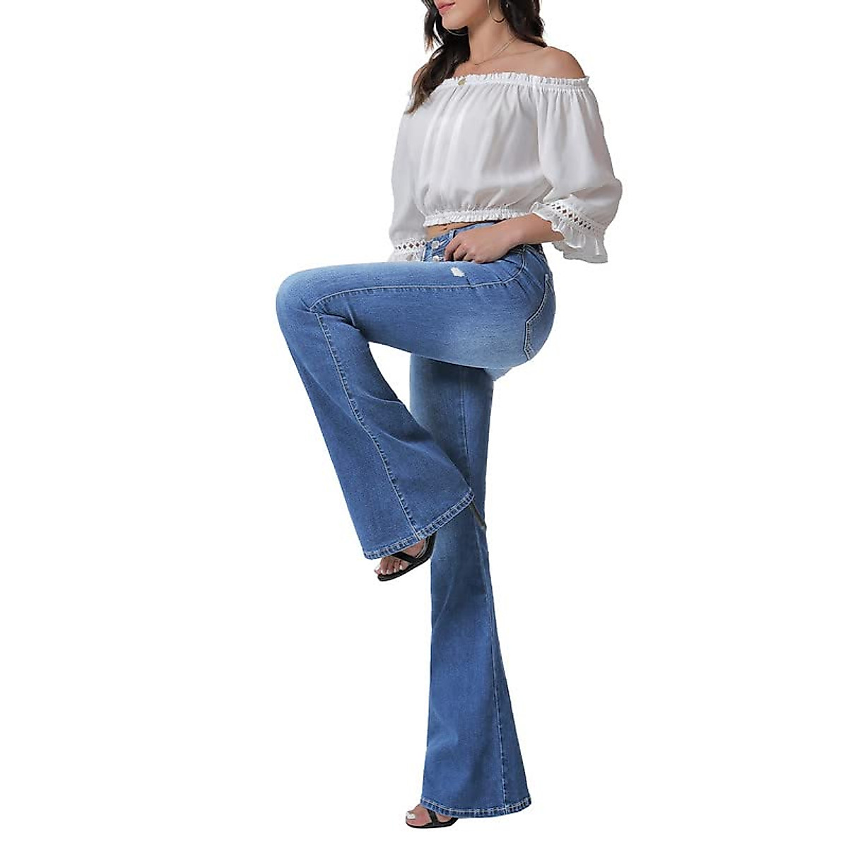 VIPONES Bell Bottom Jeans for Women High Waisted Flare Jean Bootcut Ripped Stretch Skinny Wide Leg Denim Blue Pants (107,Size 8)