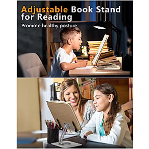 Book Stand for Reading, Amasrich Adjustable Holder with 360° Rotating Base & Page Clips, Foldable Desktop Ricer for Cookbook,Sheet Music,Laptop,Recipe,Textbook,Hands Free,Wood,Aluminium