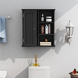 Treocho Bathroom Wall Cabinet, Medicine Cabinet with Door and 3 Open Shelves, Wall Mounted Storage Organizer for Bathroom, Kitchen, Living Room, Black