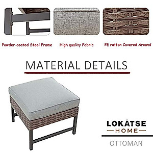 LOKATSE HOME Outdoor Patio Bistro Furniture Ottoman Footstool Rest with Premium Fabric Soft Removable Cushion and Wicker Rattan with Slatted Steel for Garden Yard Lawn Poolside, Grey