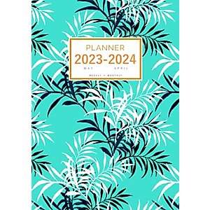 Planner 2023-2024: A5 Small Weekly and Monthly Organizer from May 2023 to April 2024 | Dark-Light Tropical Plant Leaf Design Turquoise