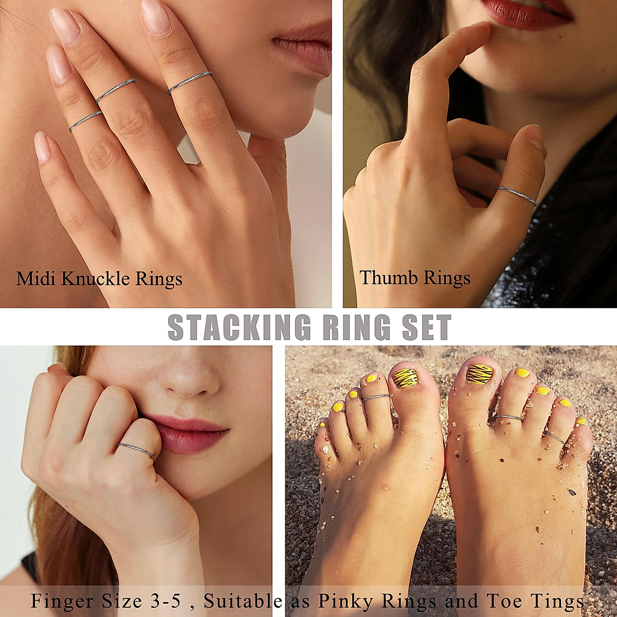 LOYALLOOK 3pcs 1mm Stainless Steel Women's Plain Band Knuckle Stacking Midi Rings Comfort Fit Silver Tone Size 9