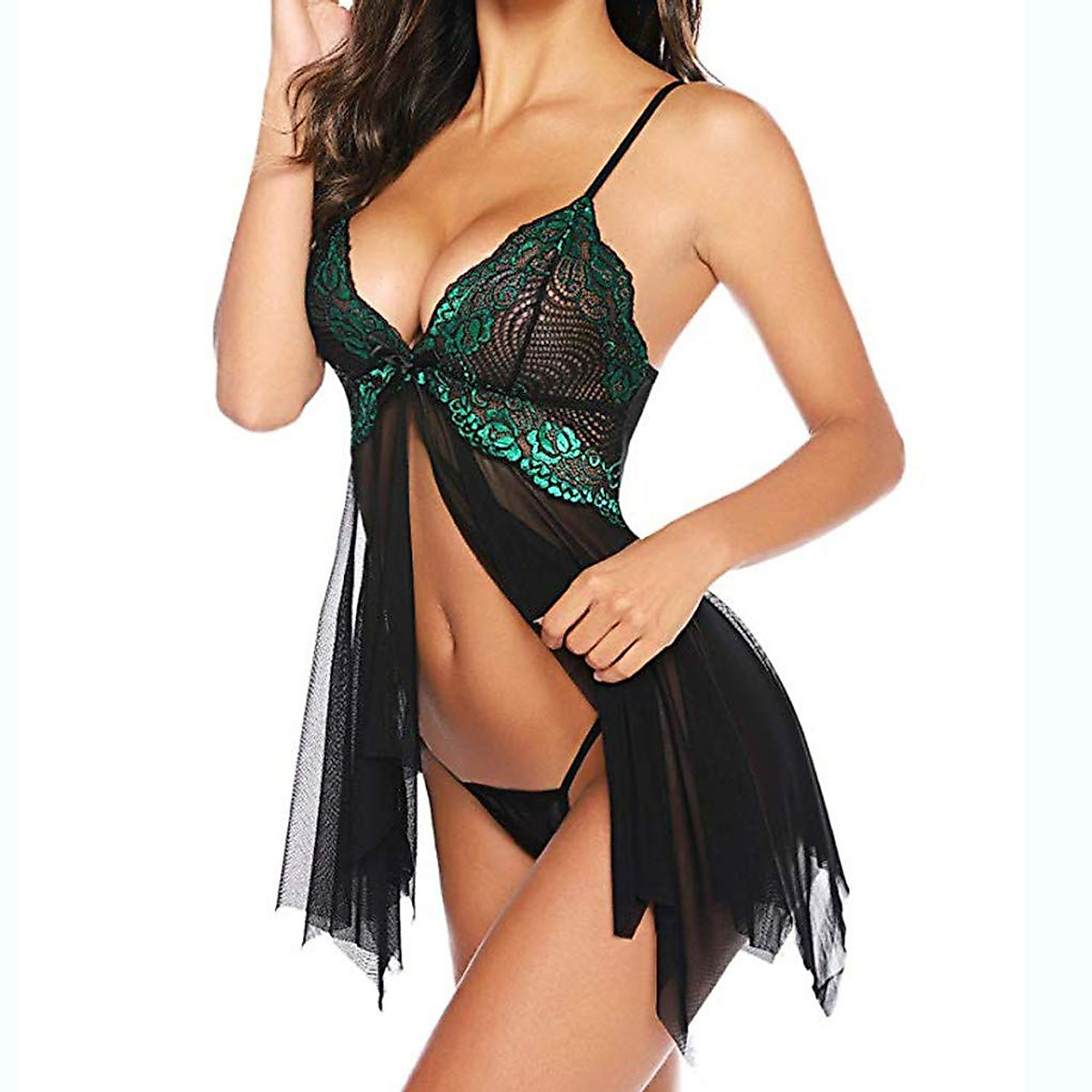 Lingerie for Women Strappy V Neck Lace Babydoll Sleepwear See Through Mesh Sheer Chemises Negligees Boudoir Outfits Plus Size