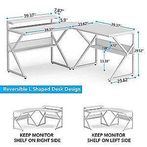 Tribesigns L Shaped Desk with Storage Shelves, 63 inch Industrial Corner Computer Desk with Monitor Stand, Study Writing Table Workstation for Home Office, White