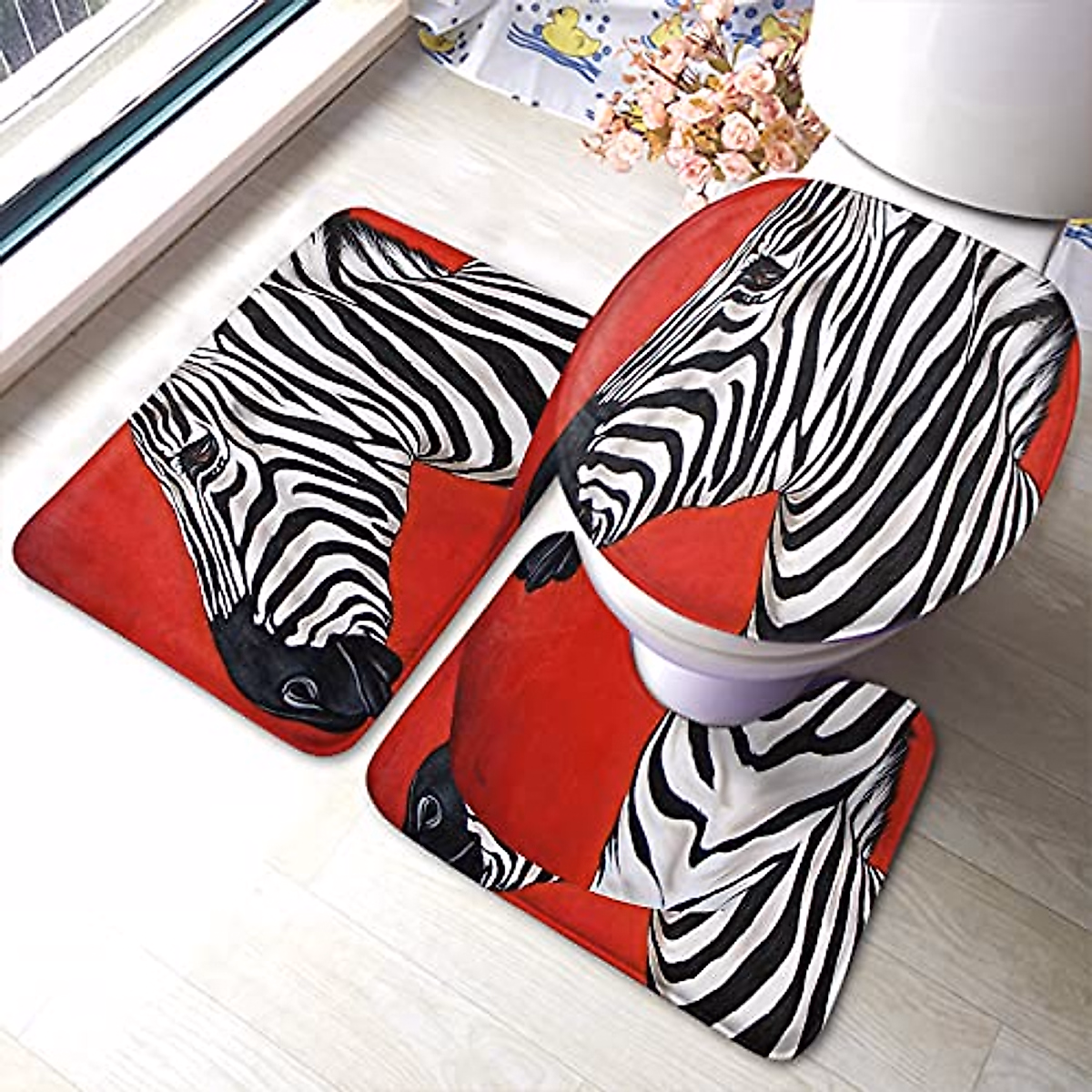 WONDERTIFY Zebra Bathroom Antiskid Pad African Black White Stripe Wild Animals Exotic Wildlife 3 Pieces Bathroom Rugs Set, Bath Mat+Contour+Toilet Lid Cover Red