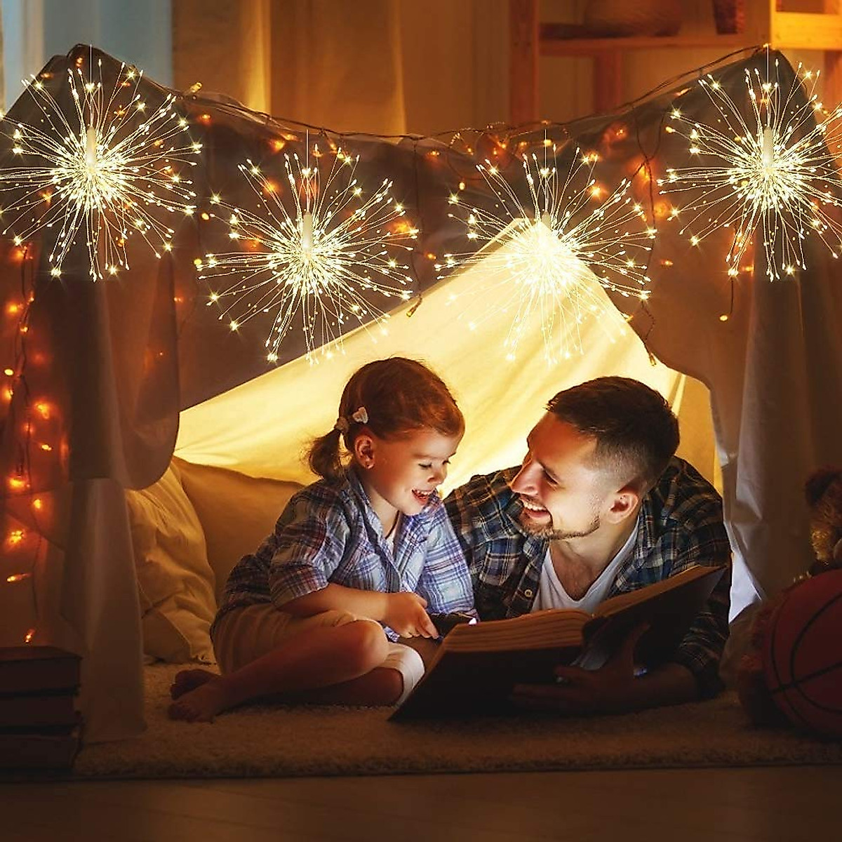 4 Pack Firework Lights 120 LED Copper Wire Starburst Lights, 8 Modes Dimmable String LED Lights with Remote Control,Waterproof Hanging Fairy Lights for Party,Home,Christmas,Garden Outdoor Decoration