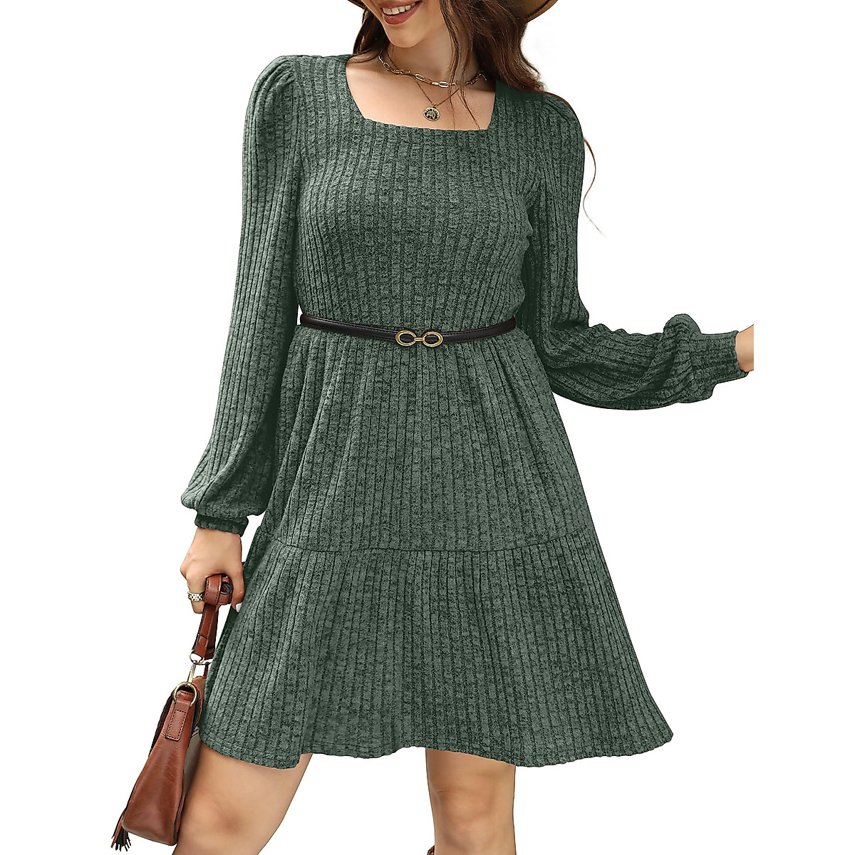 Womens Dresses Square Neck Winter Christmas Long Sleeve Spring Dress with Pockets 2024 Green M