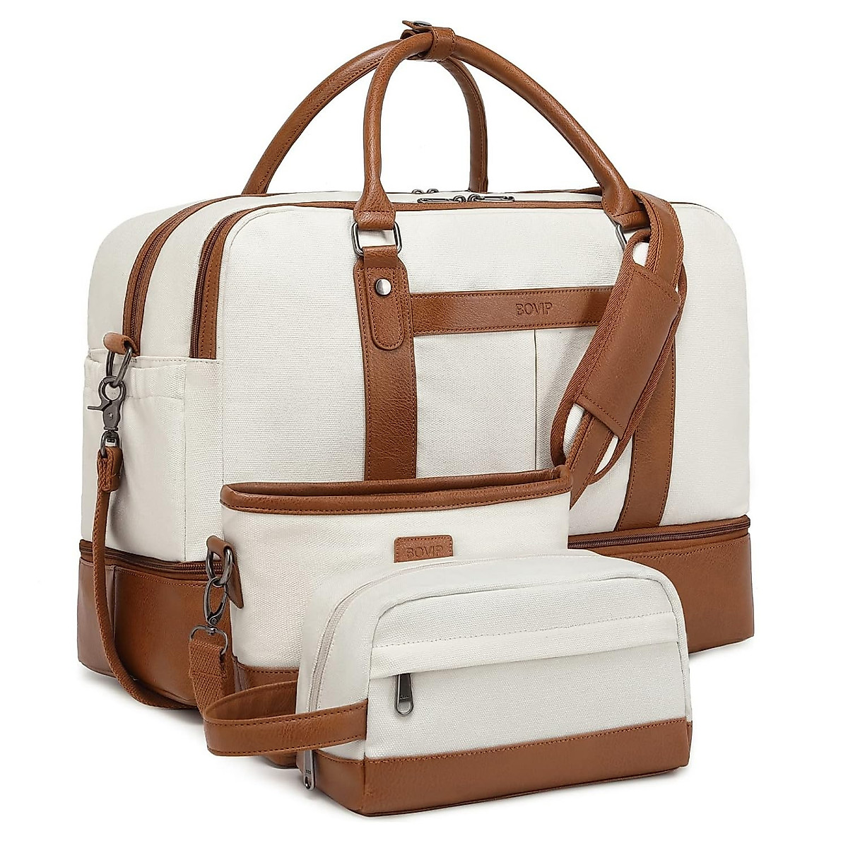 BOVIP Weekender Bag Overnight Bag Large Canvas Travel Bag Duffel Bag with Shoe Compartment Carry On Tote for Women 3-IN-1 Beige Set