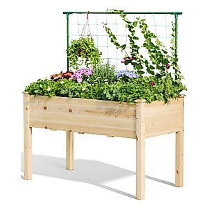 Quictent 48x24x30in Raised Garden Bed with Trellis, Elevated Wood Planter Box Stand for Backyard, Patio, Balcony w/Bed Liner, 200lb Capacity