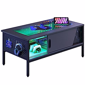 Bestier 42 Inch LED Coffee Table with Storage Glass Coffee Tables for Living Room with Sliding Doors, Black Living Room Center Table