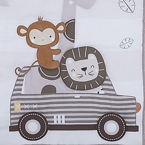 Little Love by NoJo Jungle Ride Grey, White and Brown, Monkey, Giraffe and Lion 3 Piece Nursery Mini Crib Bedding Set - Comforter, Two Fitted Mini Crib Sheets