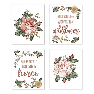 Sweet Jojo Designs Vintage Floral Boho Wall Art Prints Room Decor for Baby, Nursery, and Kids - Set of 4 - Blush Pink, Yellow, Green and White Shabby Chic Rose Flower Farmhouse Wildflower