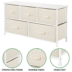 mDesign 21.65" High Steel Frame/Wood Top Storage Dresser Furniture Unit with 5 Removable Fabric Drawers - Wide Bureau Organizer for Bedroom, Living Room, Closet - Jane Collection, Cream/White