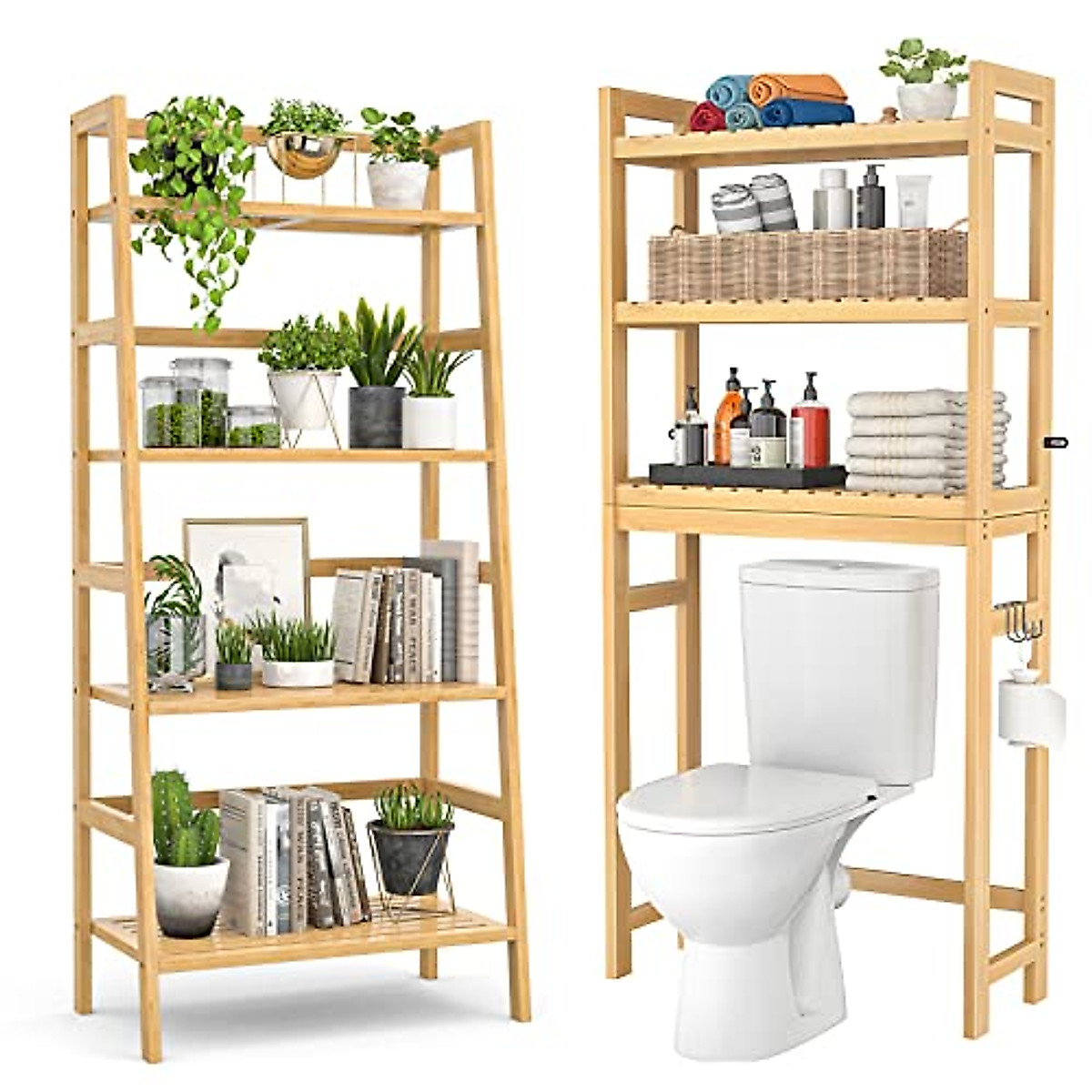 Homykic Bamboo Over The Toilet Storage Shelf and 4-Tier Ladder Bookshelf Bundle, Natural