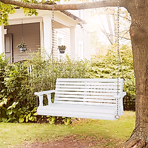 Tangkula 2 Person Hanging Porch Swing, Outdoor Bench Swing with Adjustable Chains, High Back, Cozy Armrests, Wooden Tree Swing Chair for Patio Backyard Deck Garden (White)