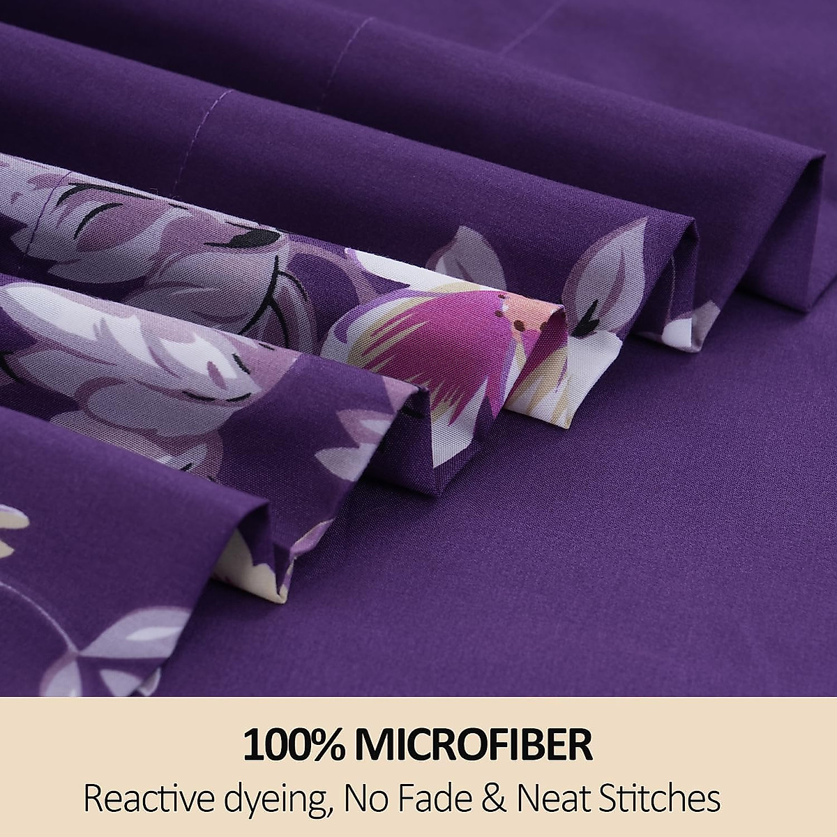 MEISHANG Queen Sheet Set - Floral Sheets Deep Pocket Ultra Soft Brushed Microfiber with Up to 16" Mattresses - Wrinkle Free - 4 Pieces(Queen,Purple Floral)