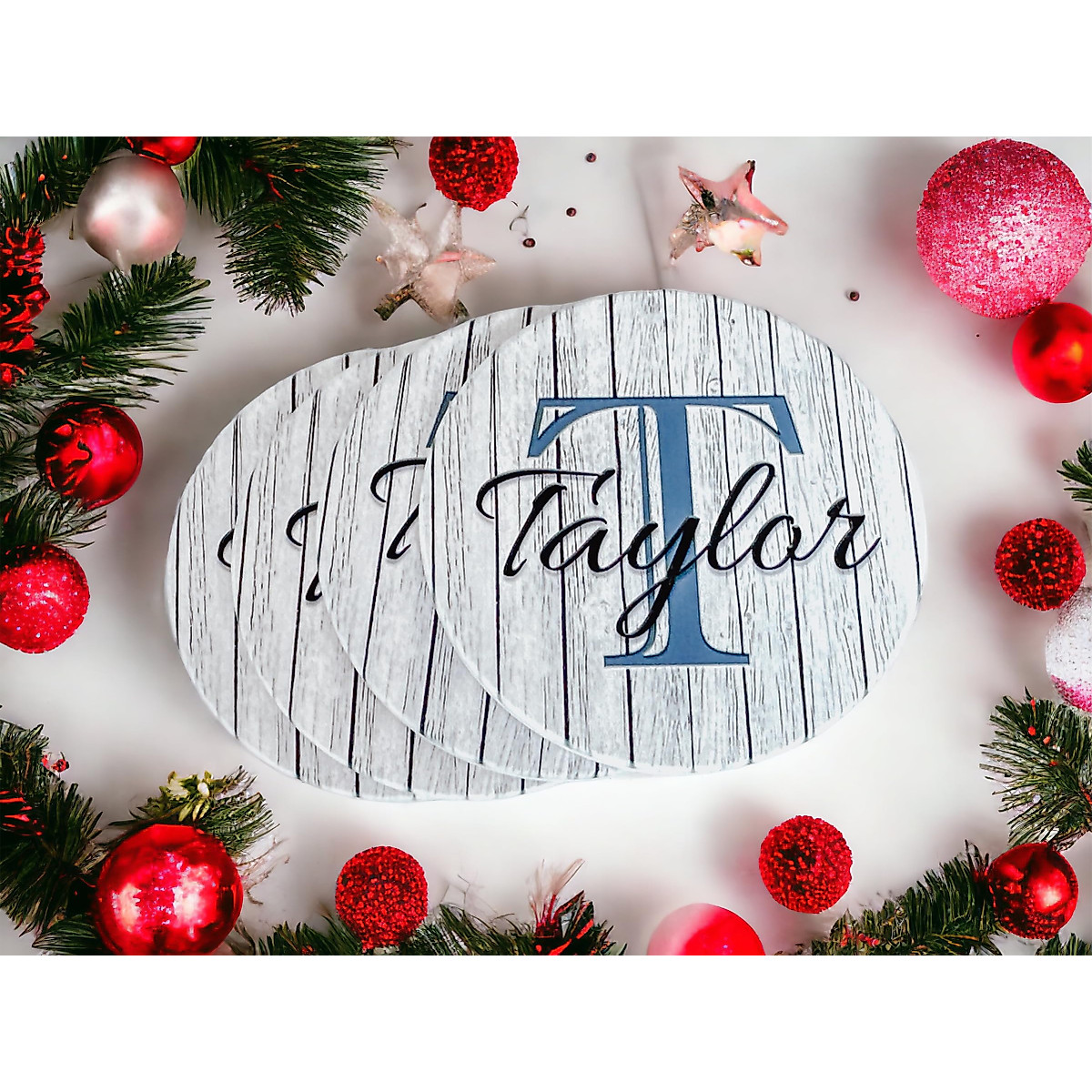 Personalized Coasters for Drinks White Barnwood Design Custom Farmhouse Coaster Set Monogram Initial Name Housewarming Gift Handmade by The Painted Pug (White)