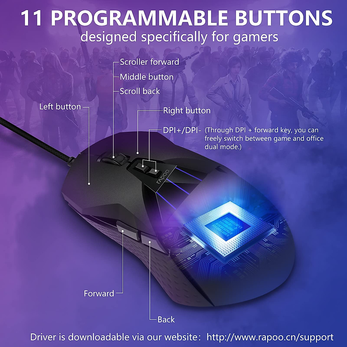 Rapoo Wireless Gaming Mouse, 5000 DPI Wired/Wireless RGB Gamer Mouse with 11 Programmable Buttons 5 Profiles Store, Rechargeable Pro Optical Sensor Mice for Windows PC Laptop Gamers