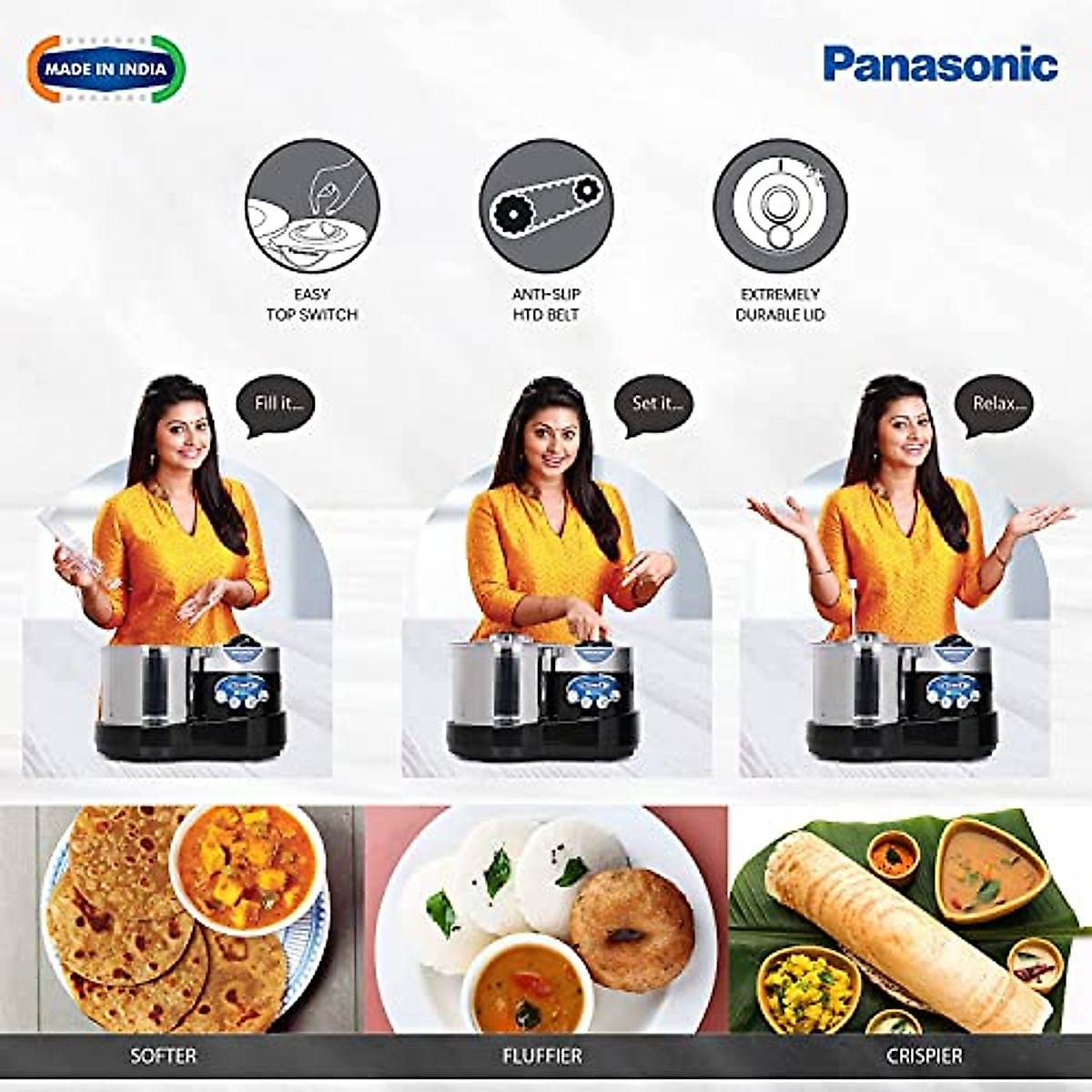 Panasonic 2 Litre Wet Grinder with Automatic Timer & Stainless steel drum| MK TSW200 W, White Color | 110-120 Volts | Suitable for USA and Canada | Dosa & Idli wet Grinder